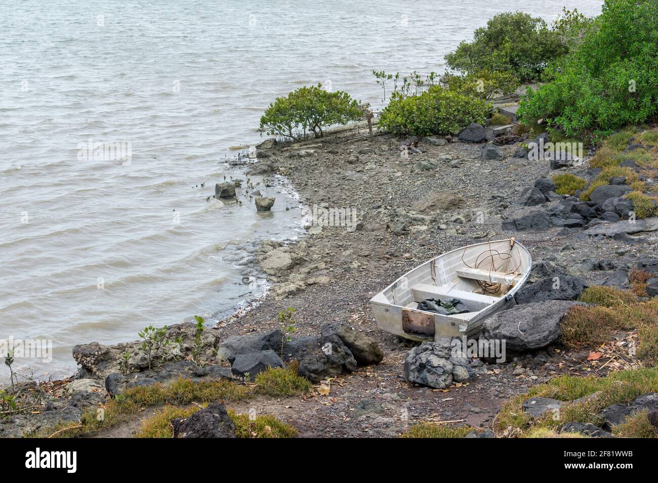 AUCKLAND, NEW ZEALAND - Mar 26, 2021: View of old abandoned tin rowboat ...