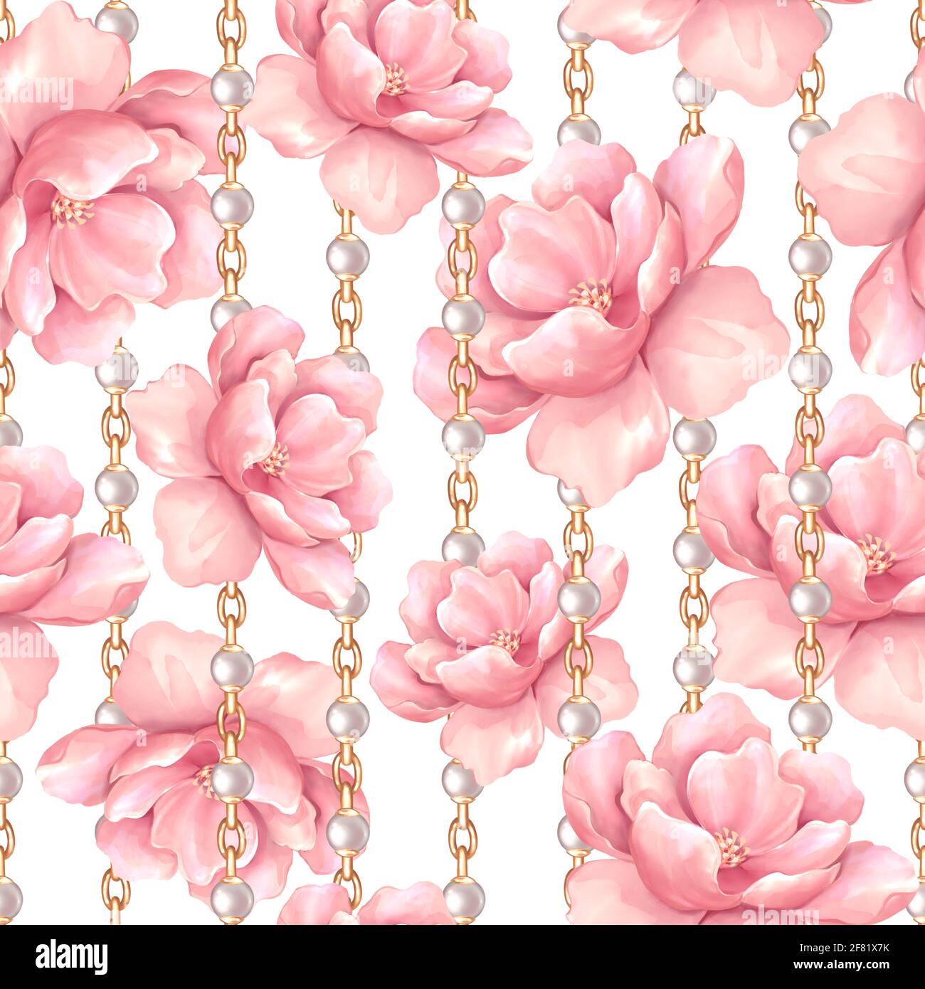Seamless pattern, pink flowers and gold chains. Floral pattern ...