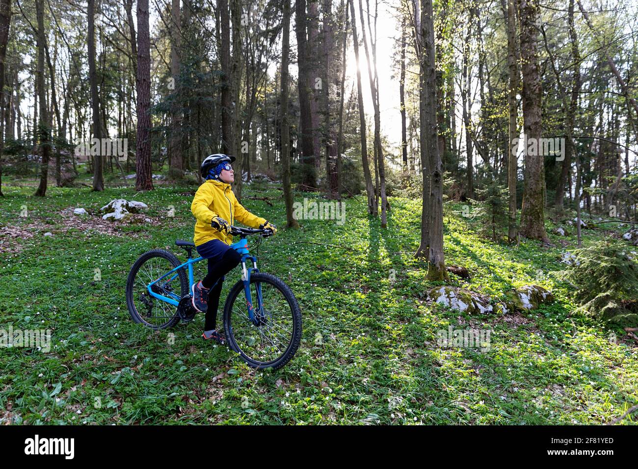 Boy riding mountain bike trough forest in spring Stock Photo - Alamy