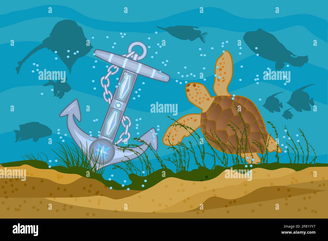 Sea background. Anchor, turtle and fishes silhouettes on a blue sea ...