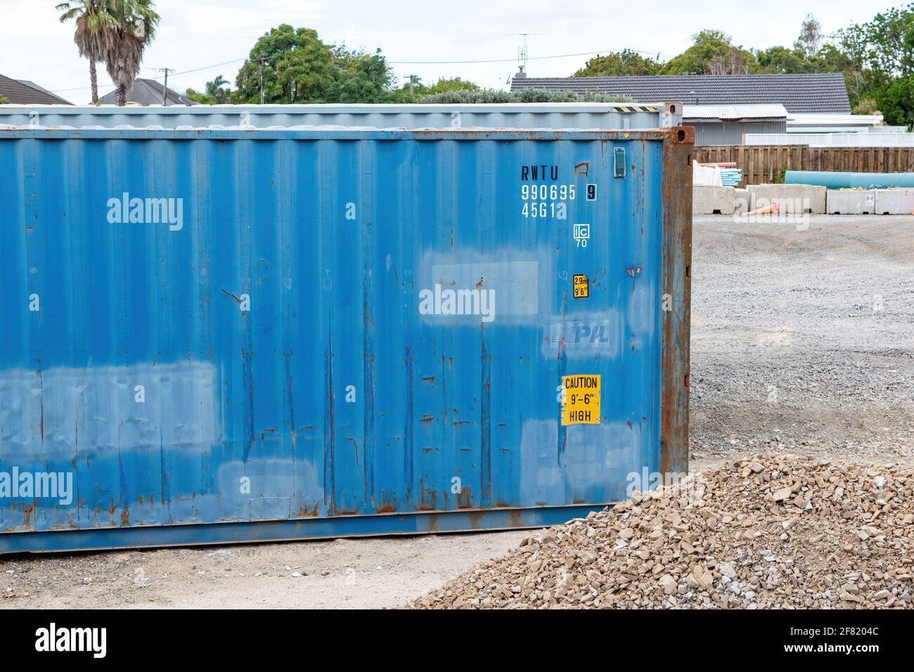 AUCKLAND, NEW ZEALAND - Mar 26, 2021: View of blue transport container ...