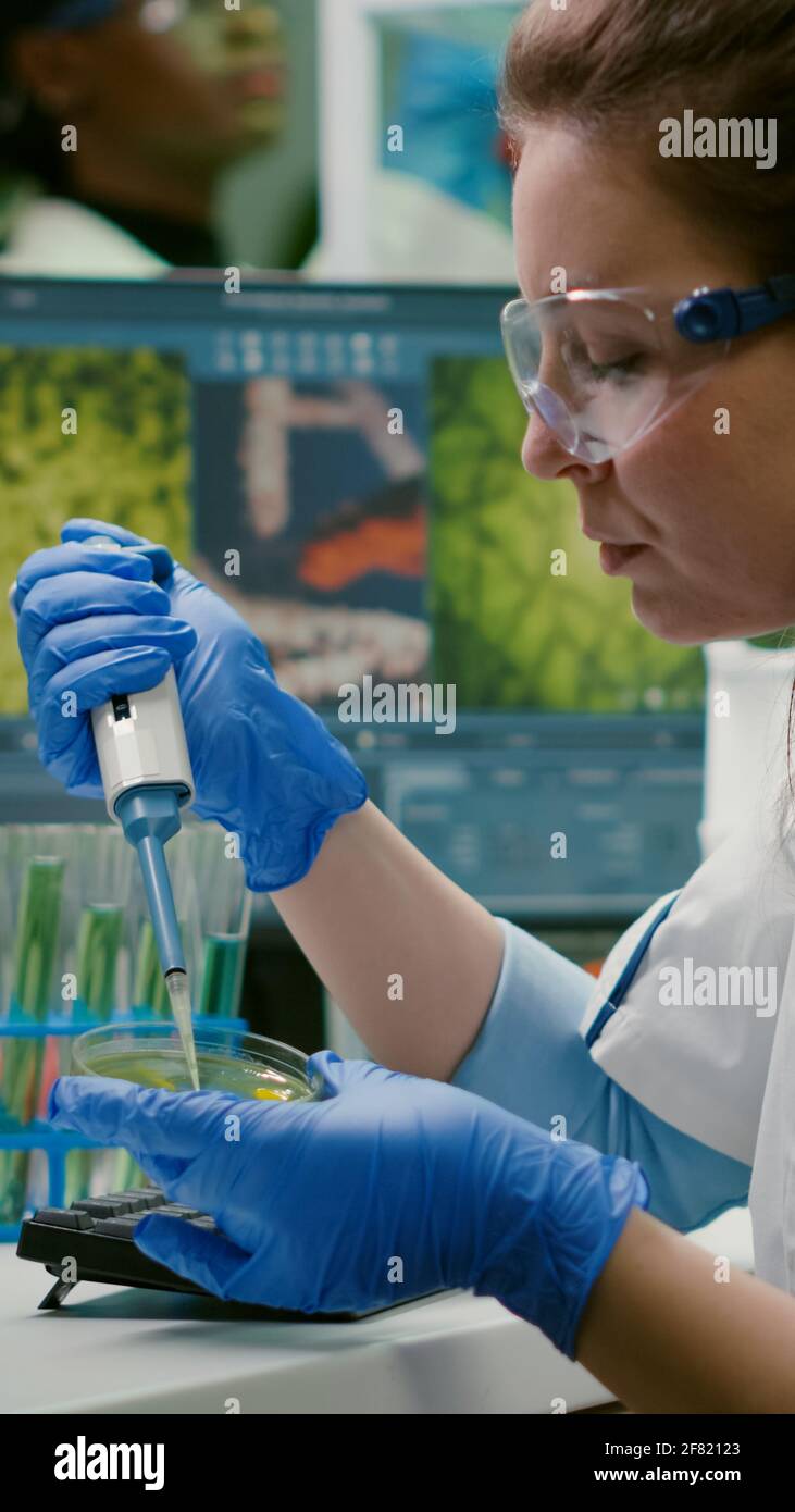 Biologist researcher using micropipette and petri dish to discovering ...