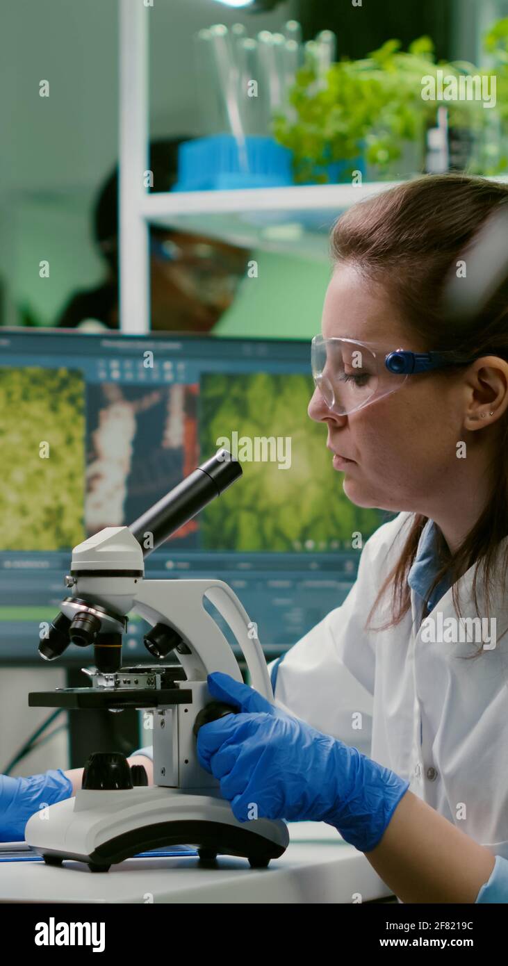 Pharmaceutical scientist looking at green leaf sample on microscope ...