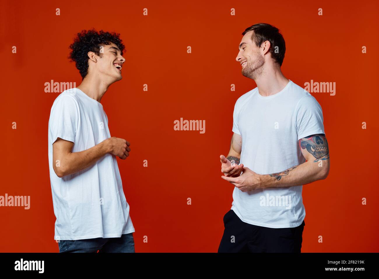 Two cheerful friends in white t-shirts communication isolated ...