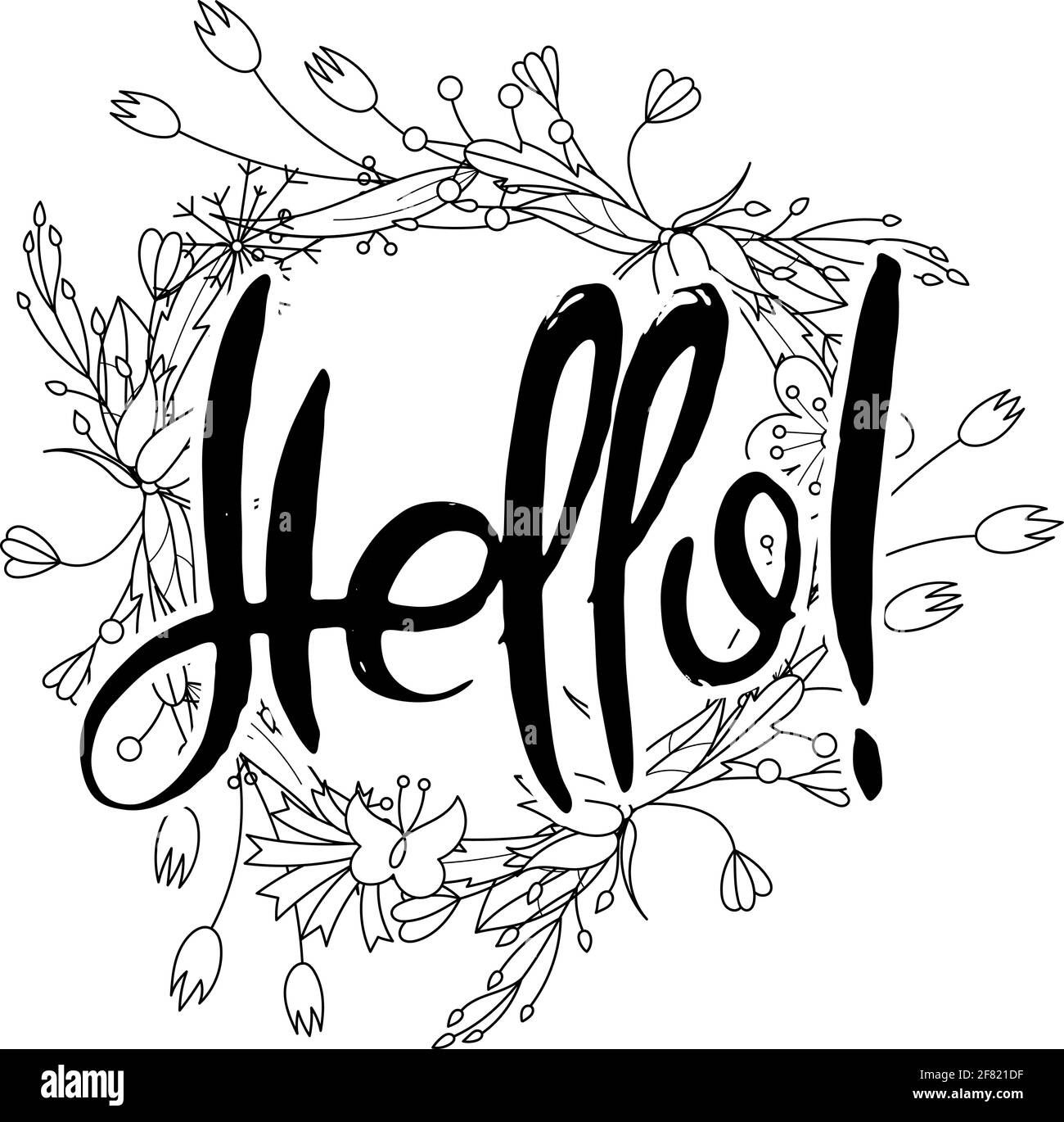 Hello. Hand lettering grunge card with flower background. Handcrafted ...