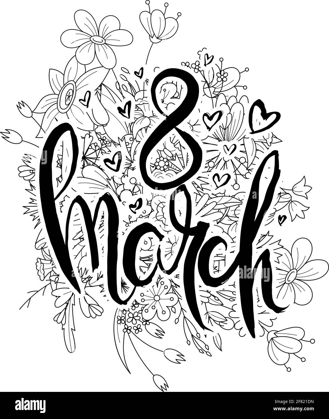 8 March with Love. Hand lettering grunge card with flower background ...