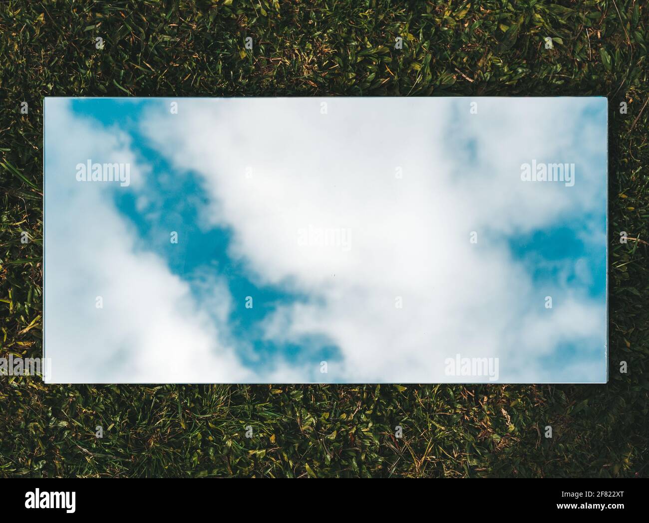 Amazing flat lay of a mirror on the grass, where you can see the clouds ...