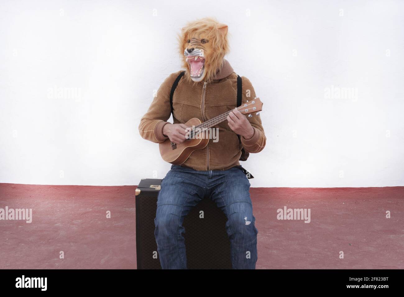 A man with a roaring lion full mask playing ukulele sitting on his ...