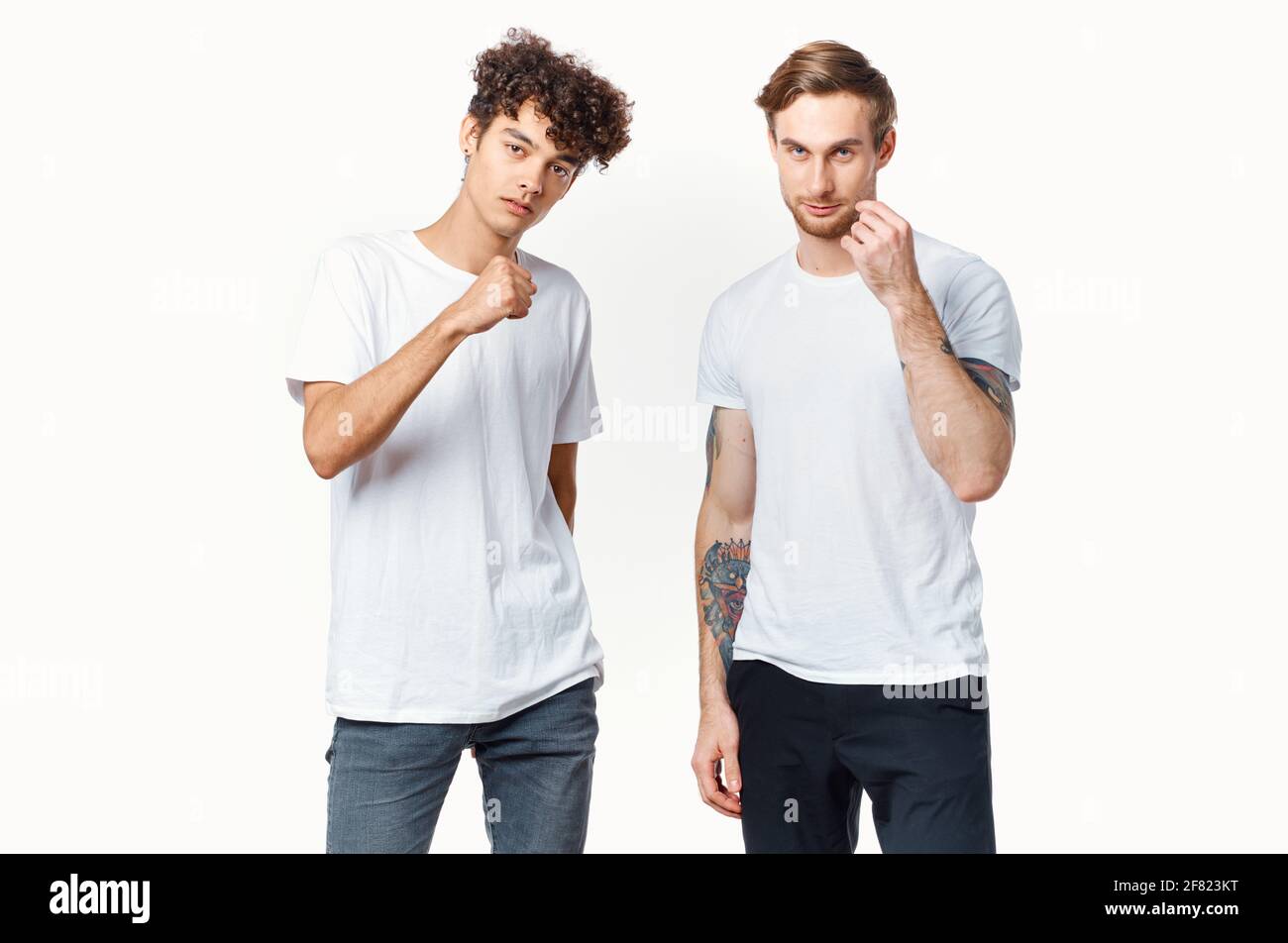 two friends fun friendship studio emotions isolated background Stock ...