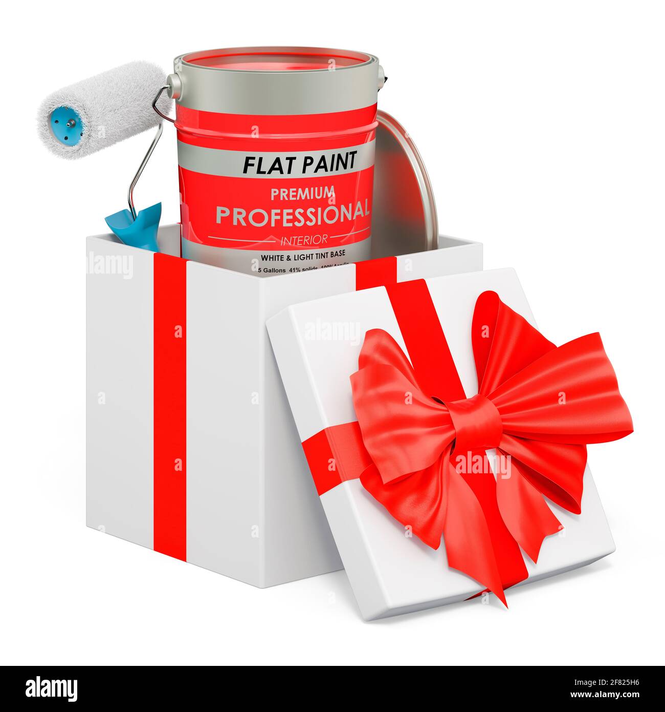 Paint can and roller brush inside gift box, present concept. 3D ...