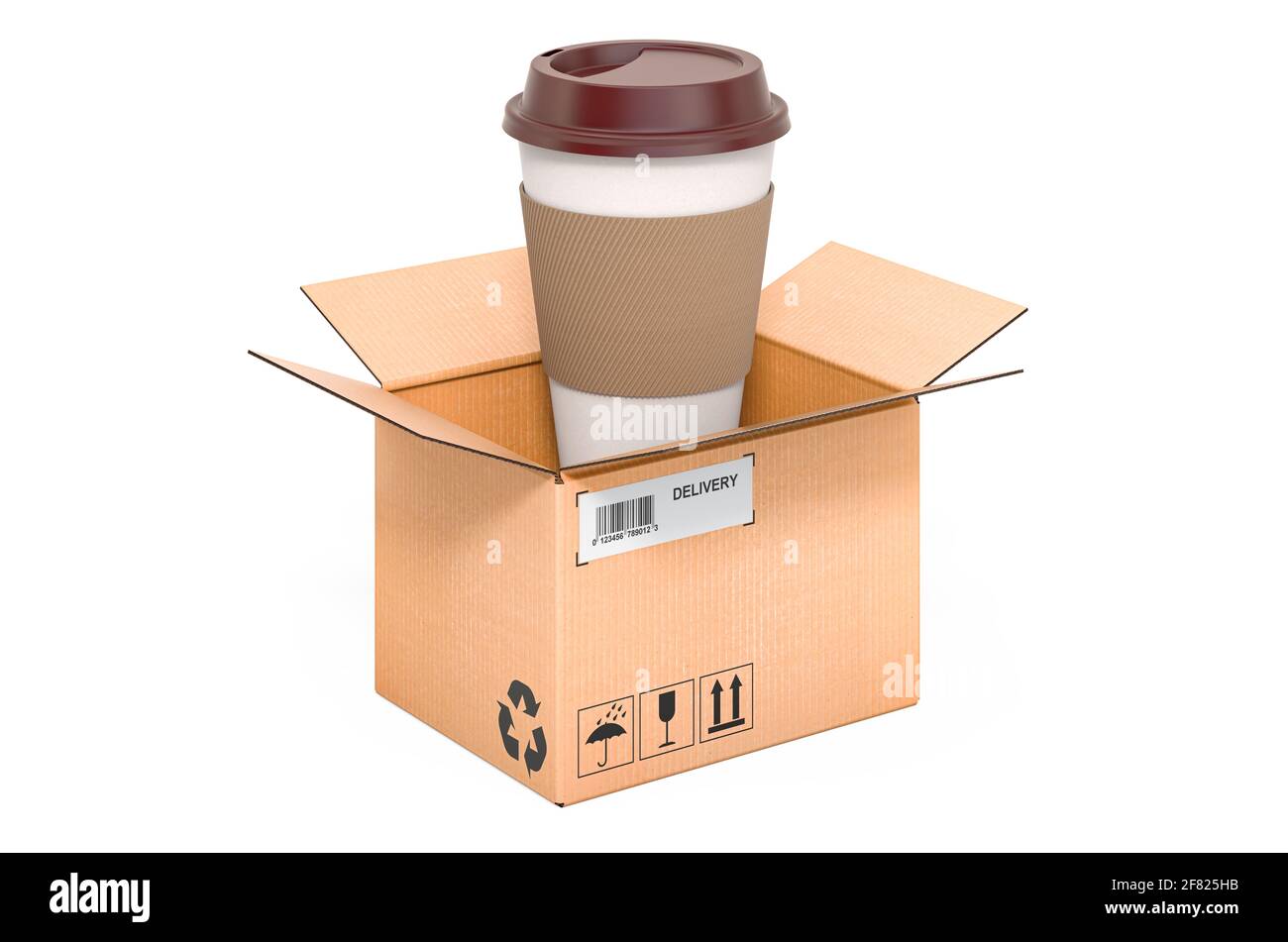 Disposable cup with hot drink inside cardboard box, delivery concept ...