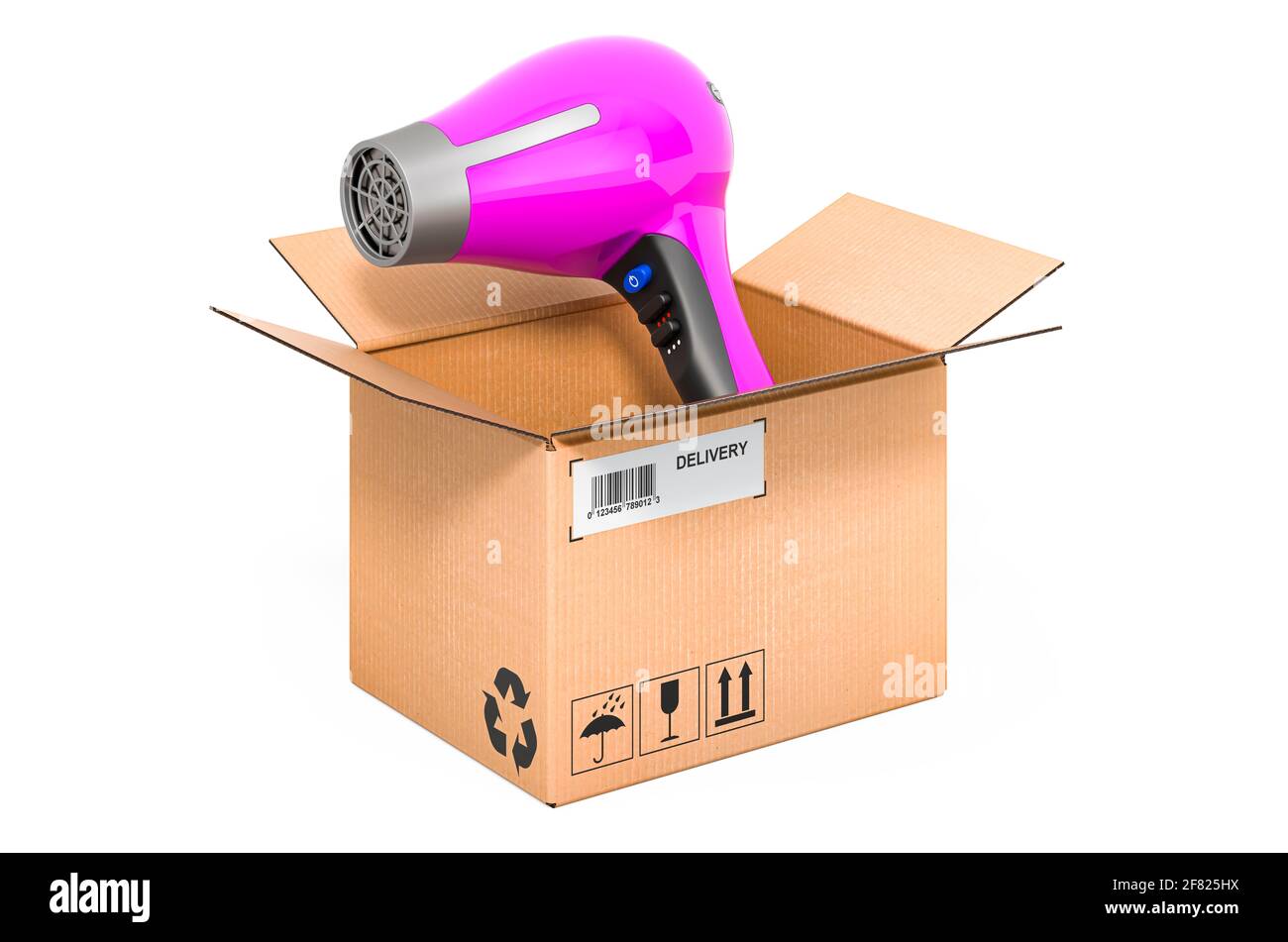 Hair dryer inside cardboard box, delivery concept. 3D rendering ...
