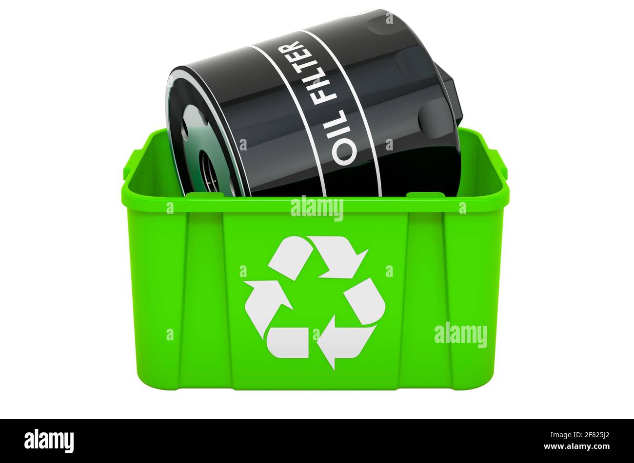 Recycling trashcan with car oil filter, 3D rendering isolated on white ...