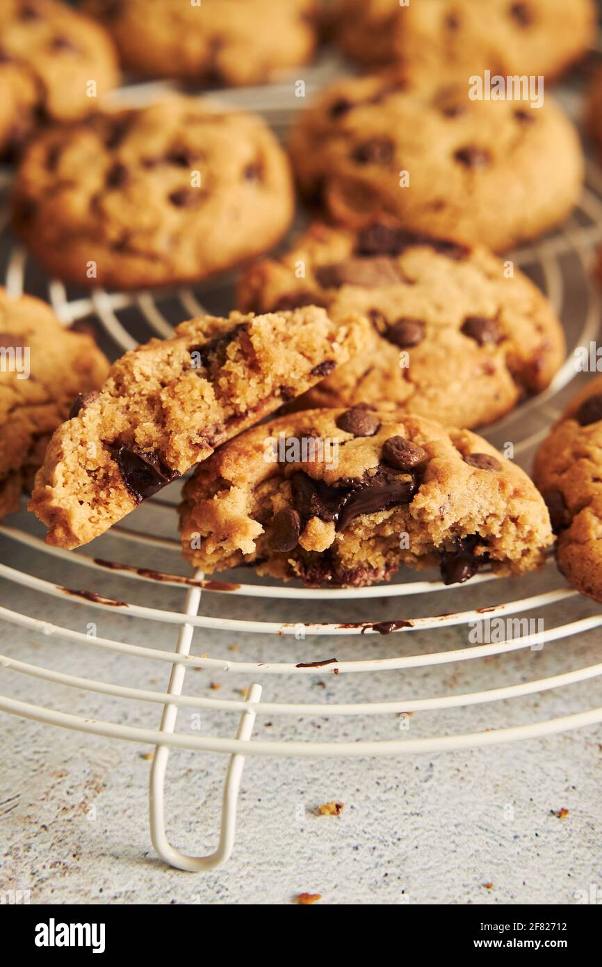 A vertical shot of delicious chocolate cookies with grid on a tray ...