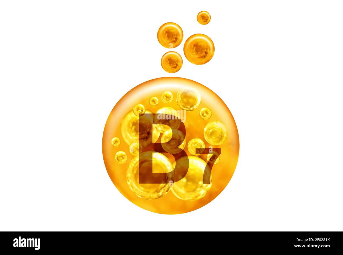 Vitamin B7 capsule. Golden balls with bubbles isolated on white ...