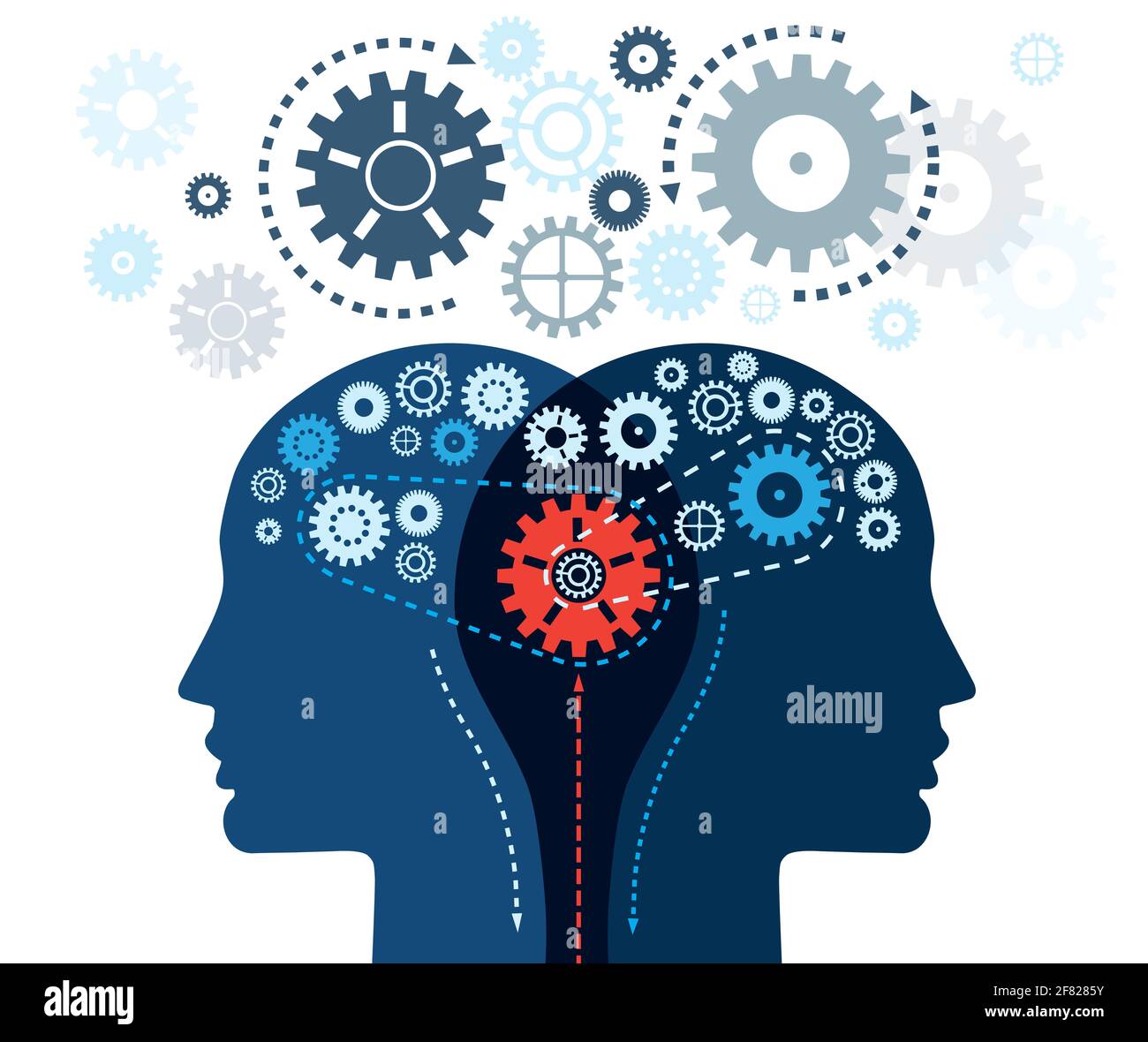 Human two heads with gears. Human brain functioning concept. Uniqueness ...