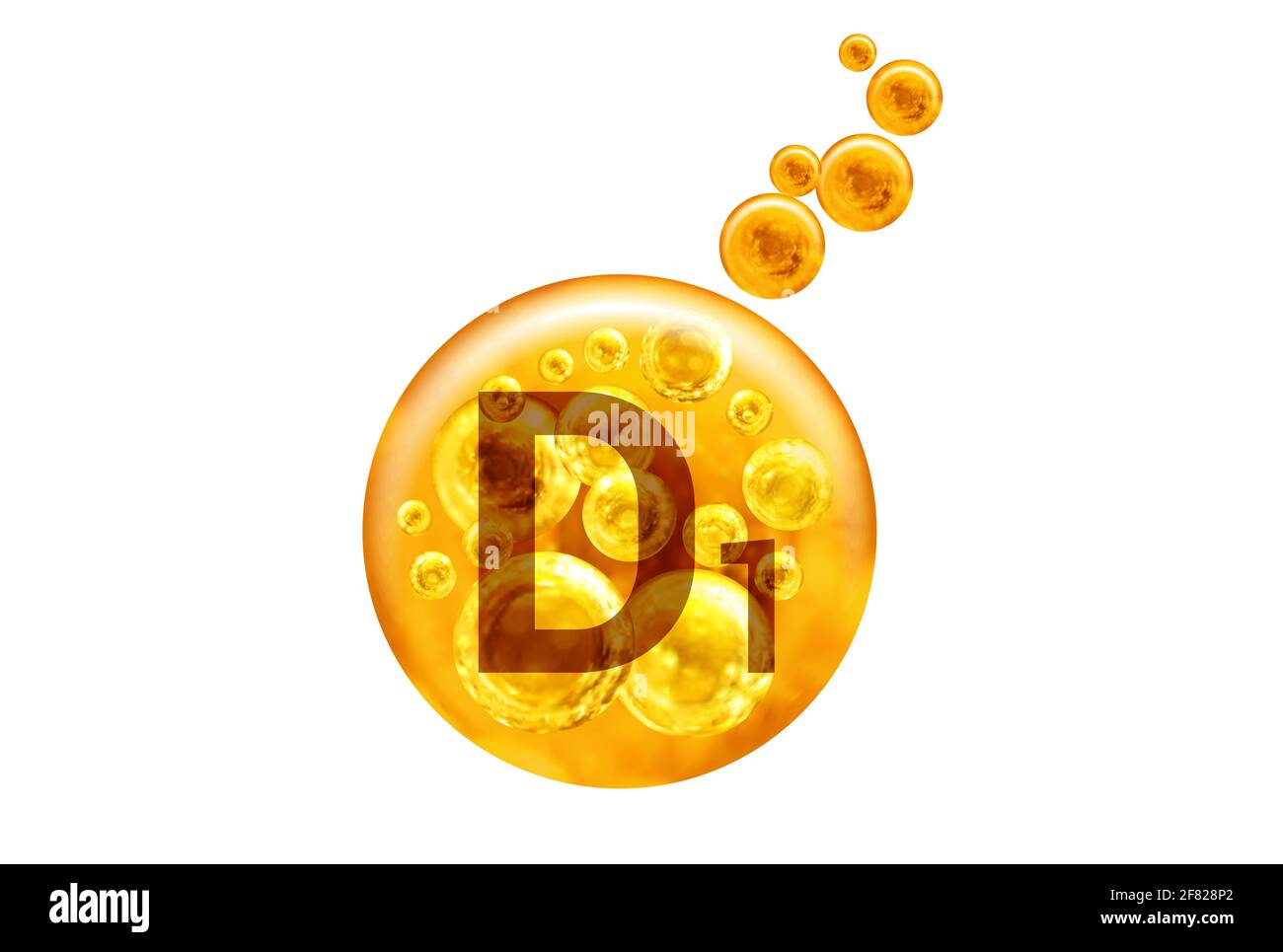 Vitamin D1 capsule. Golden balls with bubbles isolated on white ...