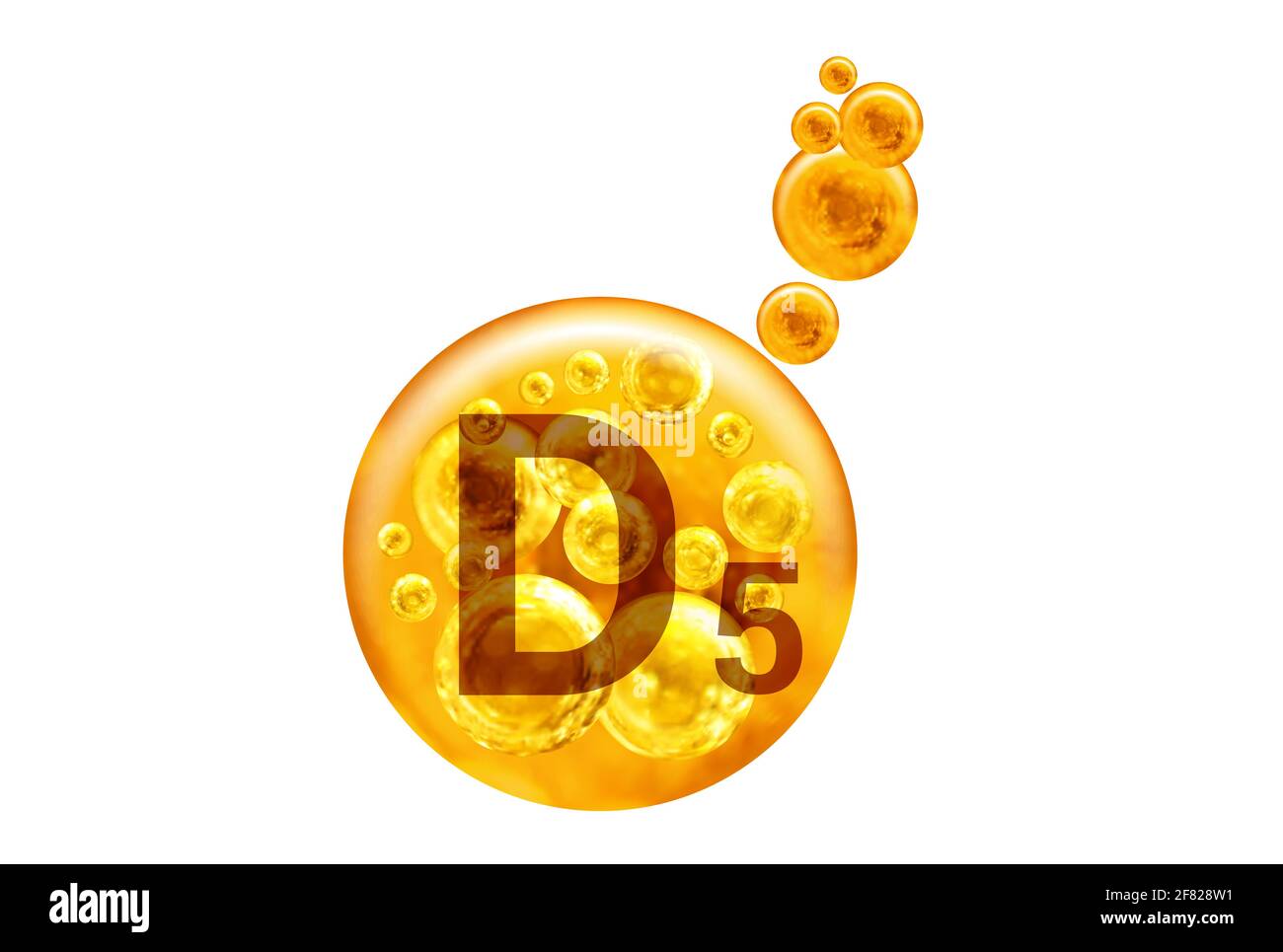 Vitamin D5 capsule. Golden balls with bubbles isolated on white ...
