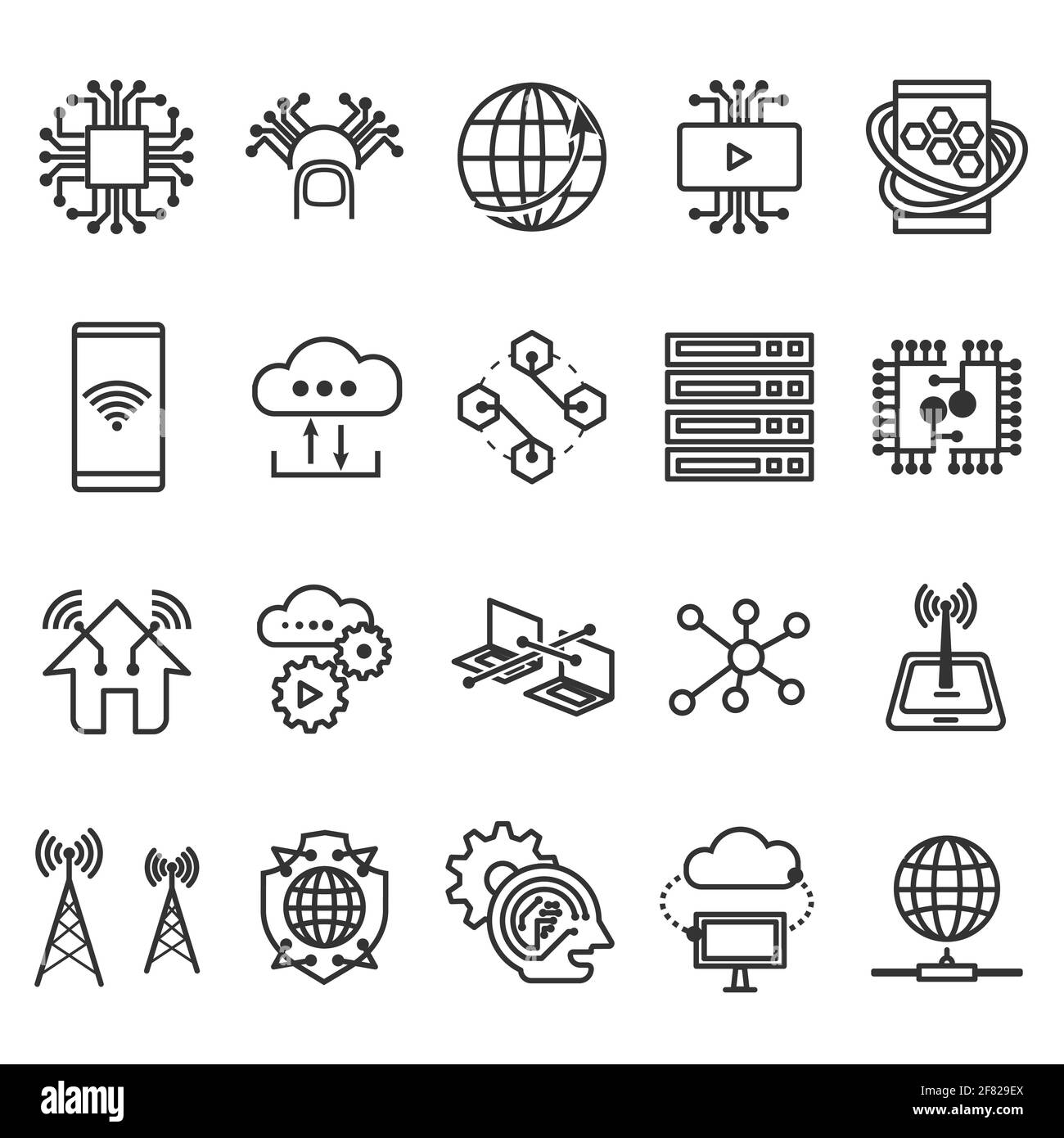Set of activities global technology linear icon. Outline digital ...