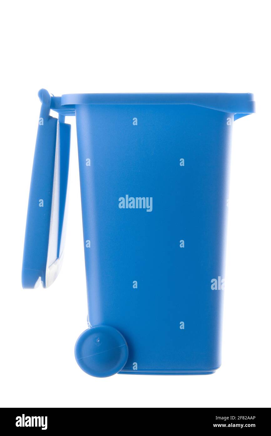 Plastic blue trash can isolated on white background Stock Photo - Alamy
