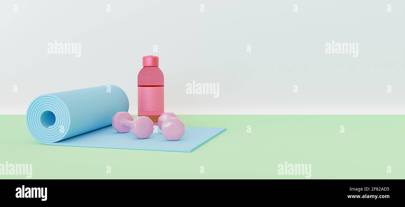 exercise mat with small dumbbells and water bottle with pastel color ...