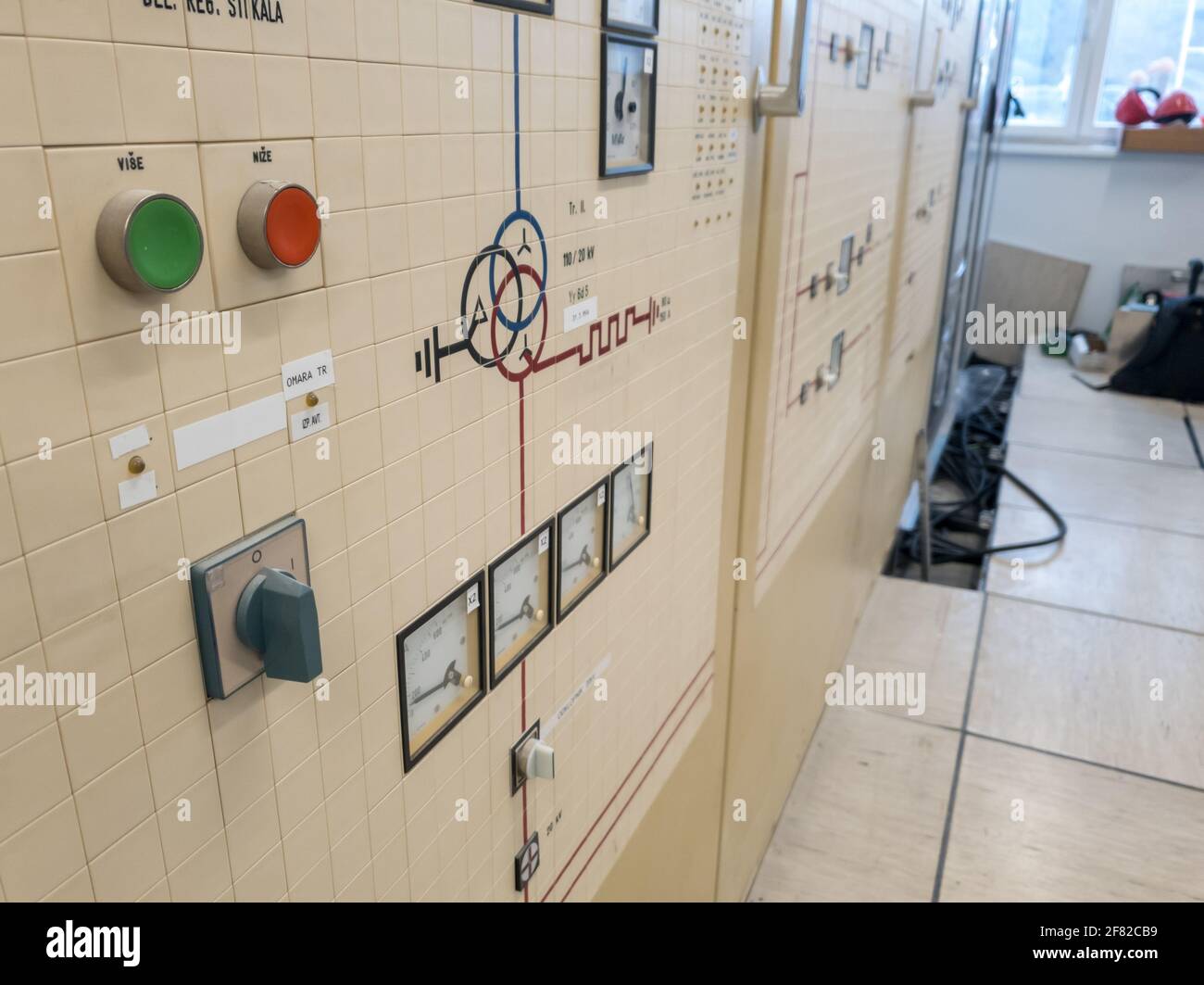 Vintage control and protection panels of power plant with single line ...
