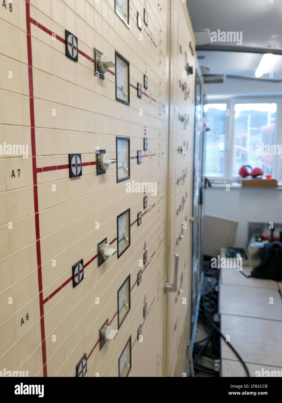 Vintage control and protection panels of power plant with single line ...