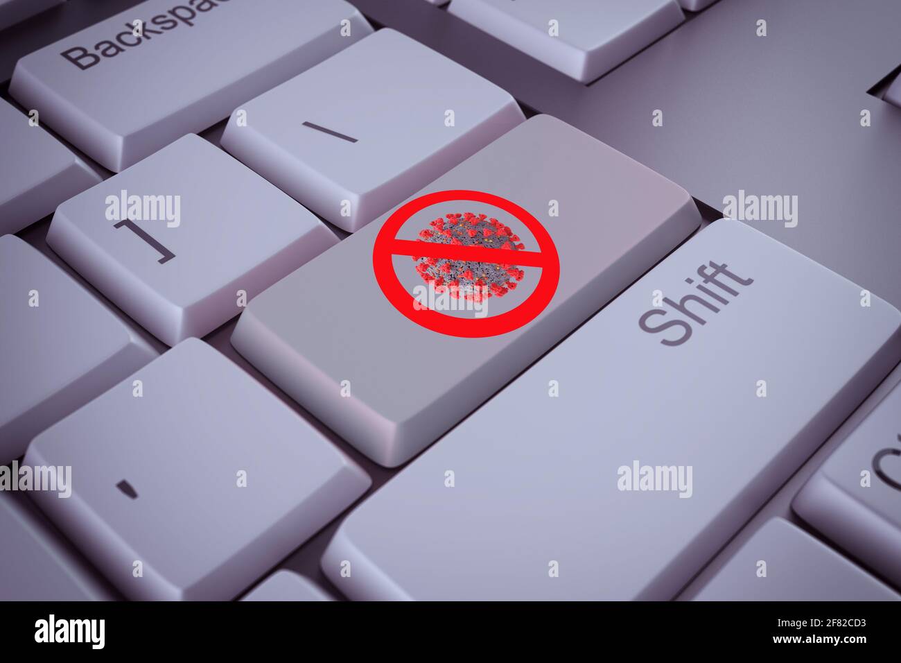 Computer keyboard with prohibition signal against covid-19 virus as key ...