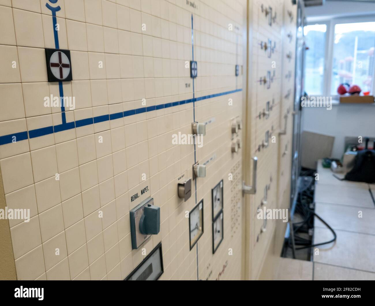 Vintage control and protection panels of power plant with single line ...