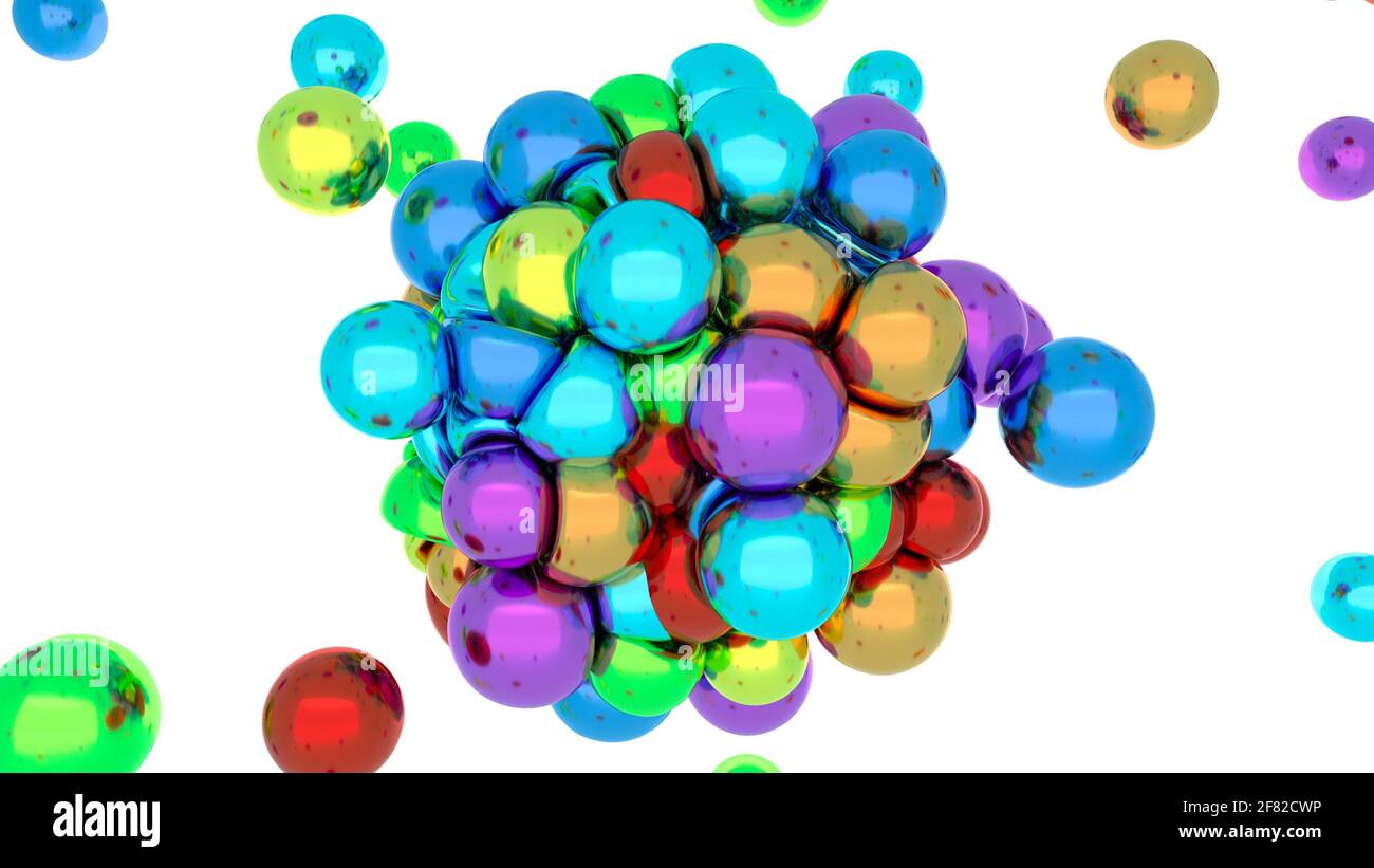 Metal spheres of different colors are pulled together by a magnet to ...