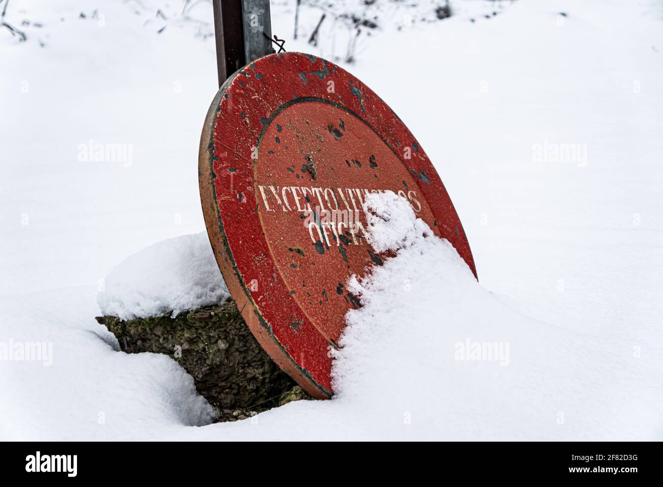 Old sign forbidden to circulate except official vehicles, fallen on the ...