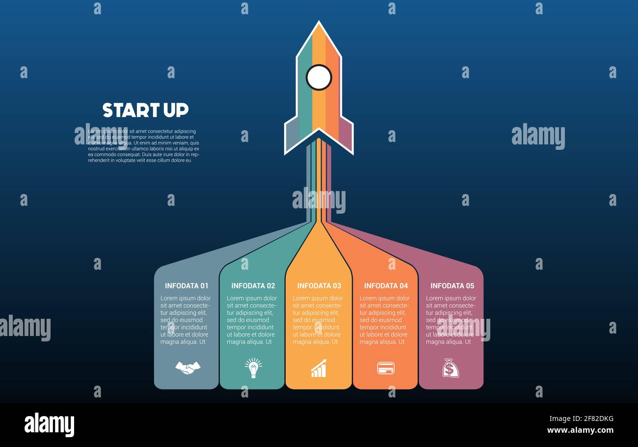 Startup infographic data template. 5 positions. Blue background ...