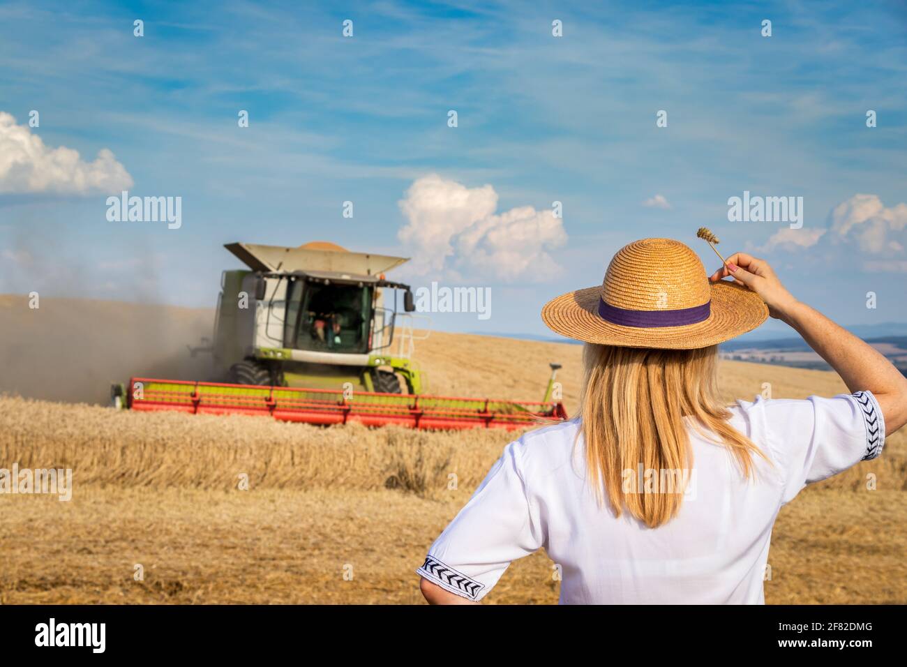 Female farmer looking at combine harvester at field. Woman with straw ...