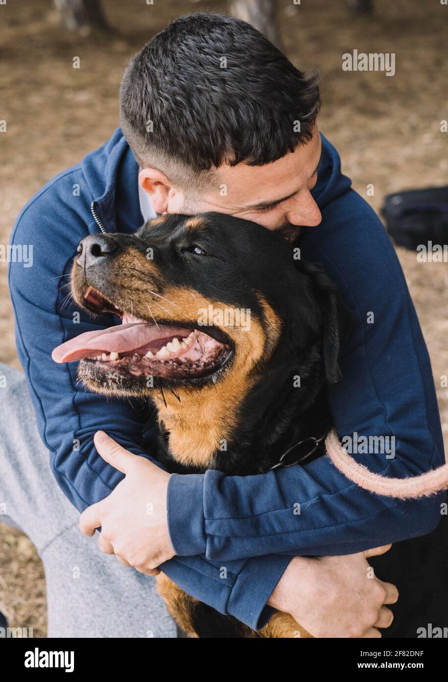 Man lovingly playing with his rottweiler dog Stock Photo - Alamy