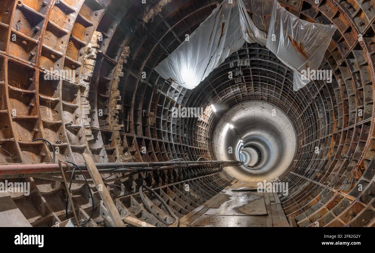 Cast iron lining of a tunnel in a subway line under construction Stock ...