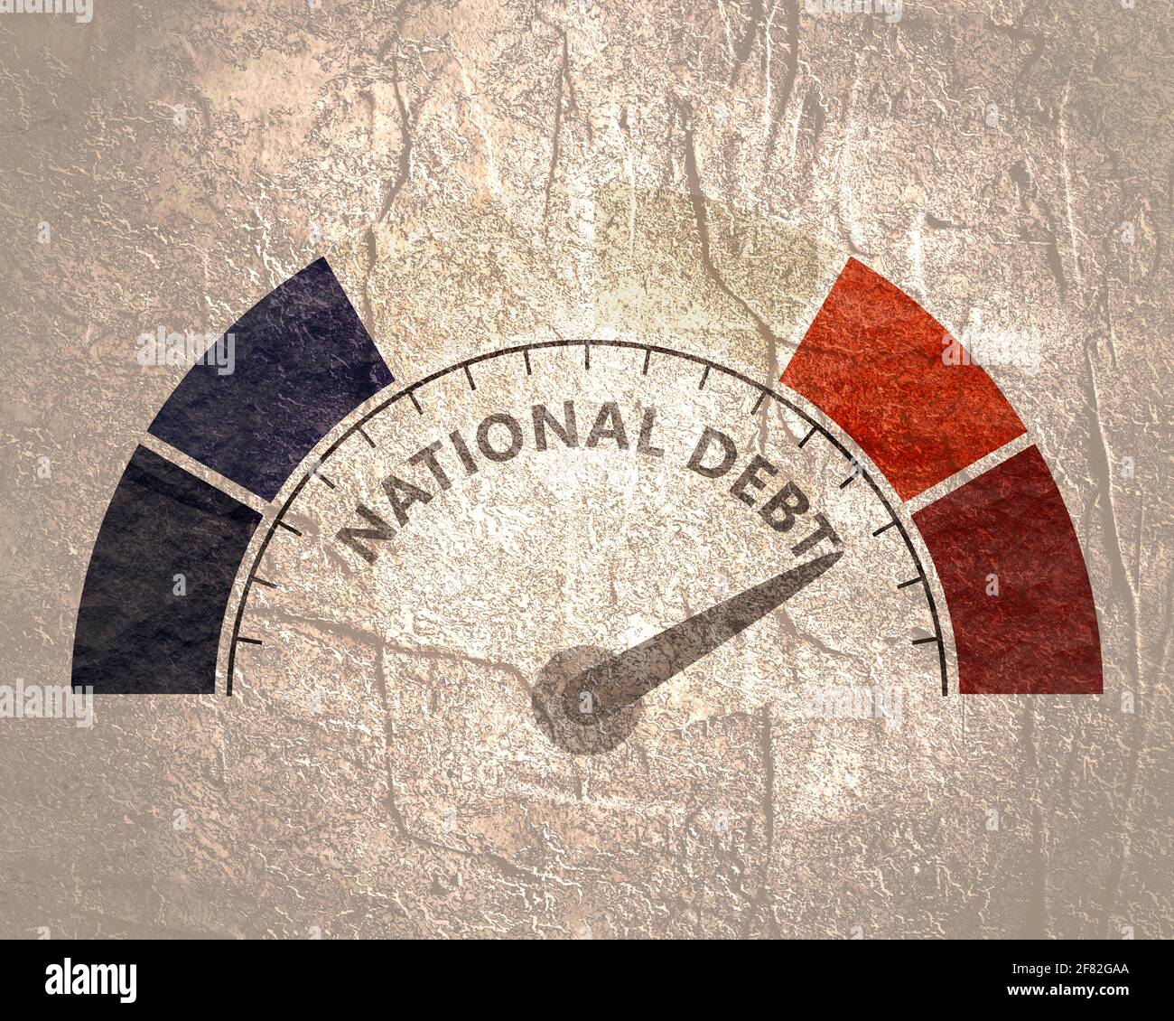 Meter read high level of national debt result. Color scale with arrow ...
