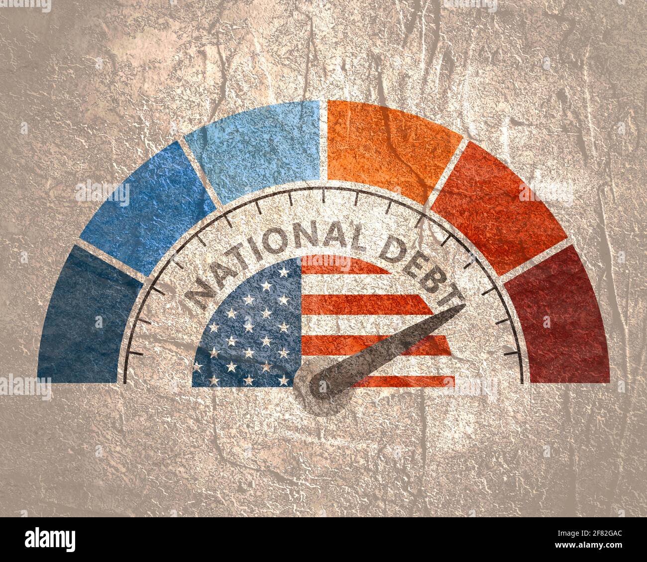 Meter read high level of national debt result. Color scale with arrow ...