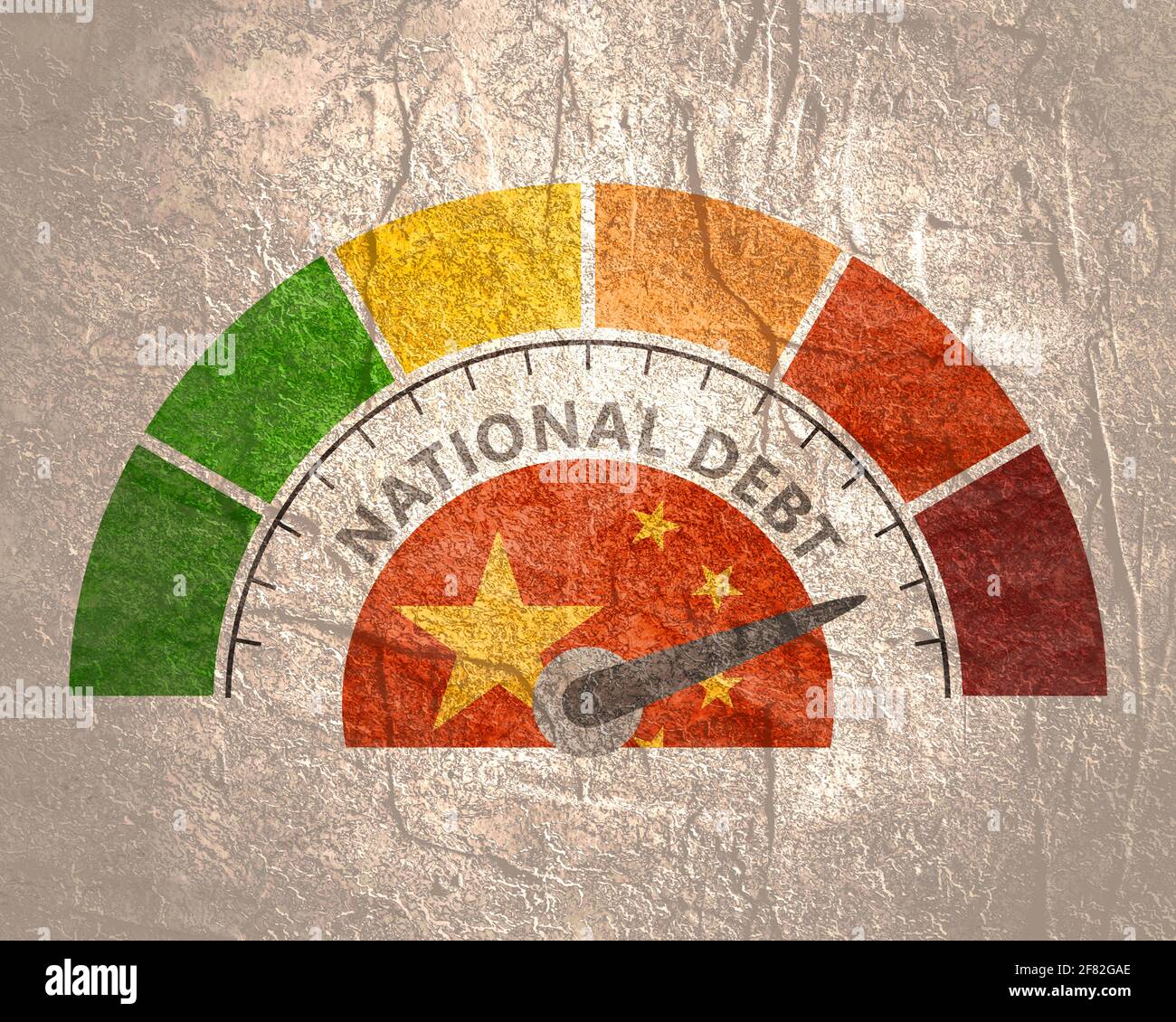 Meter read high level of national debt result. Color scale with arrow ...