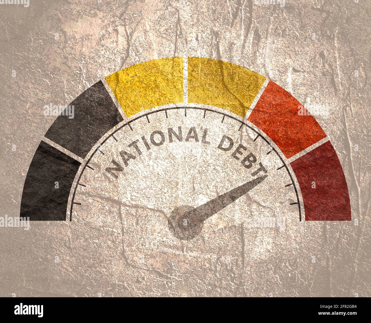 Meter read high level of national debt result. Color scale with arrow ...