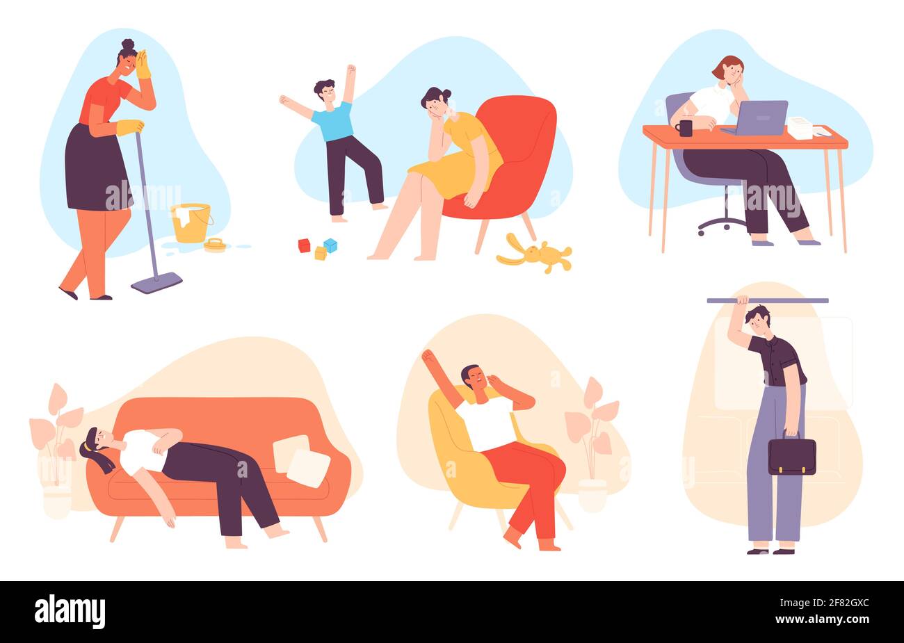 Tired people. Exhausted men and women with anxiety and stress ...