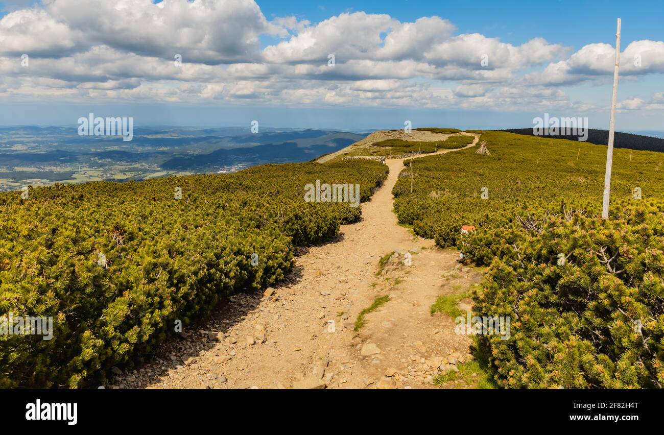 Long mountain trail with panorama of Karkonosze Giant Mountains around ...
