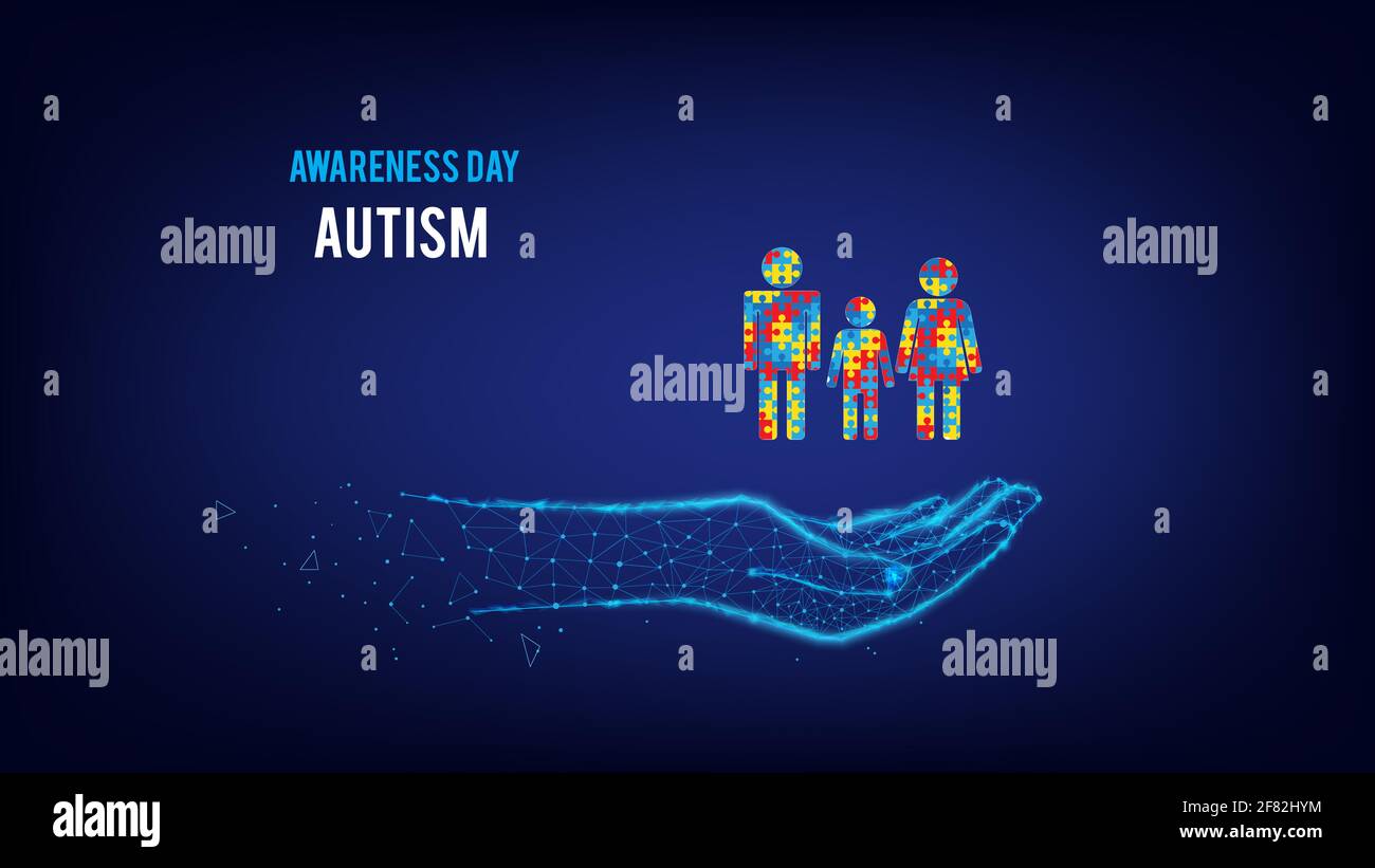 Autism awareness day. Family, mom, dad, child in polygonal hand. Puzzle ... Autism awareness day. Family, mom, dad, child in polygonal hand. Puzzle ...