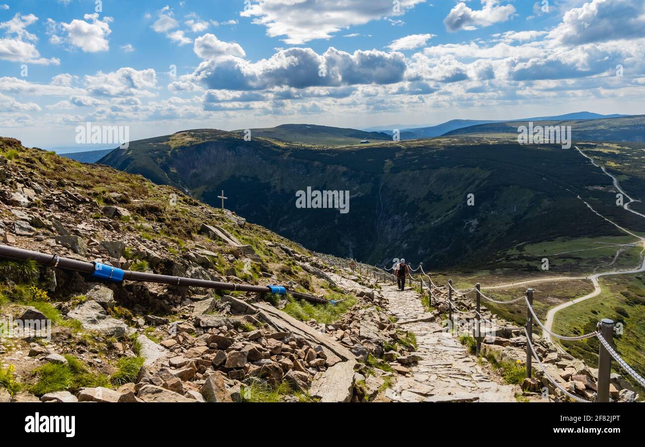 Long mountain trail with panorama of Karkonosze Giant Mountains around ...