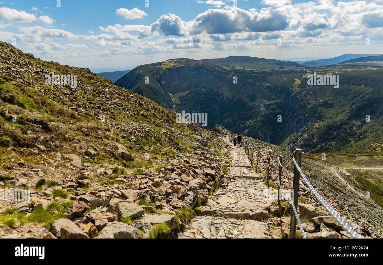 Long mountain trail with panorama of Karkonosze Giant Mountains around ...