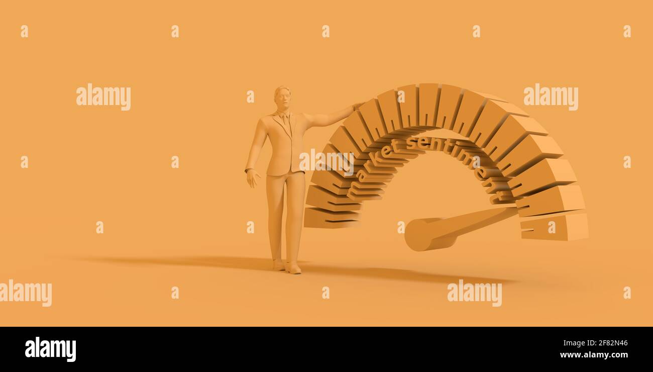 Market sentiment level scale with arrow. Man stay near measuring device ...