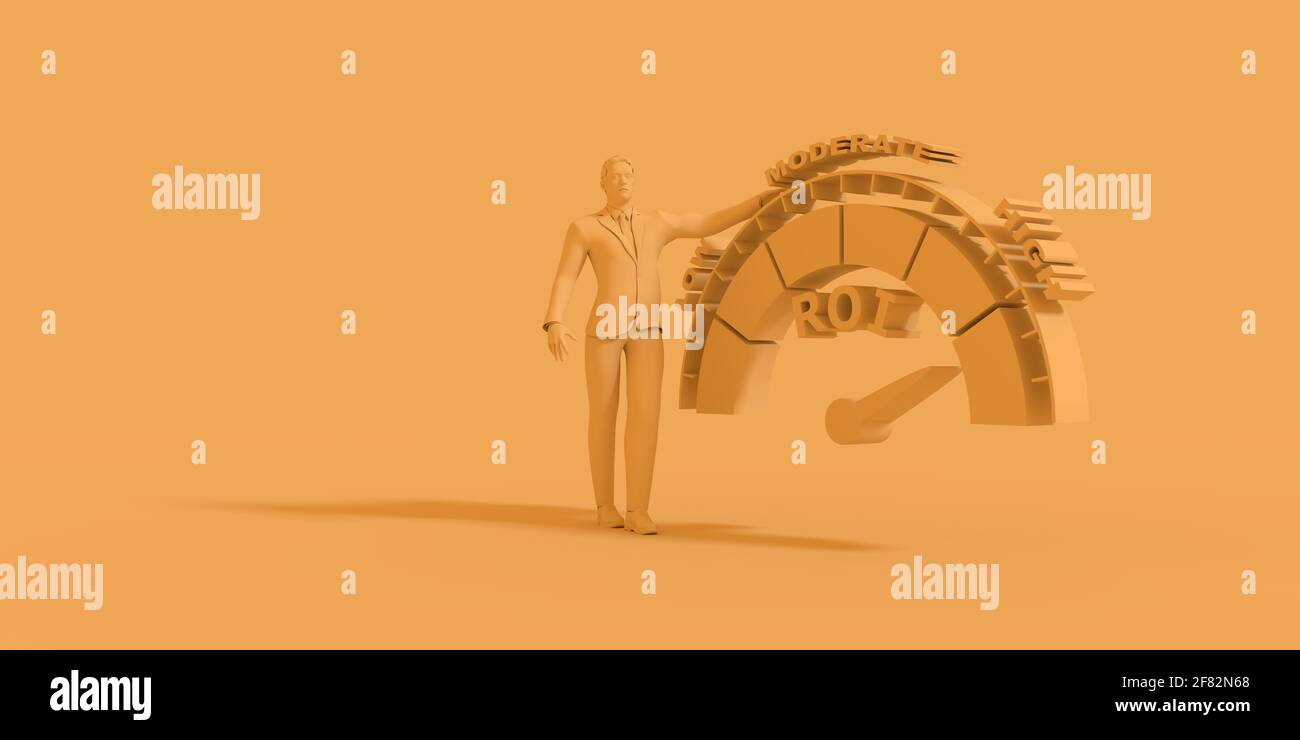 Scale with arrow from low to high. Man stay near measuring device. Sign ...