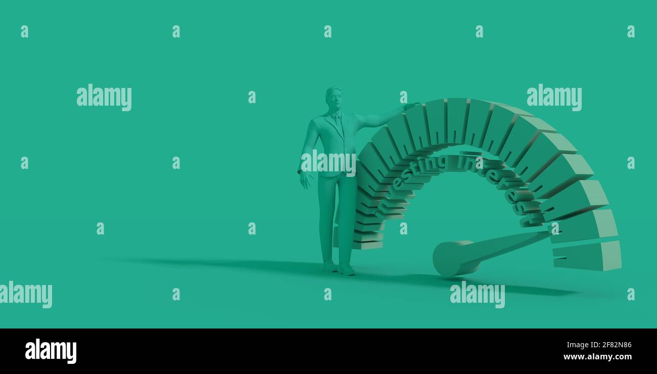 Man stay near investing interest level scale with arrow. The measuring ...
