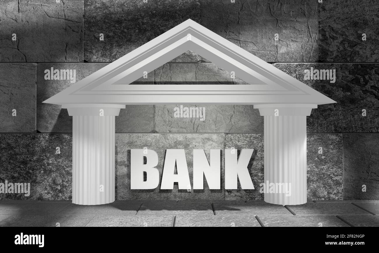 Abstract bank building. Rough surface of the stone blocks. Rectangular ...