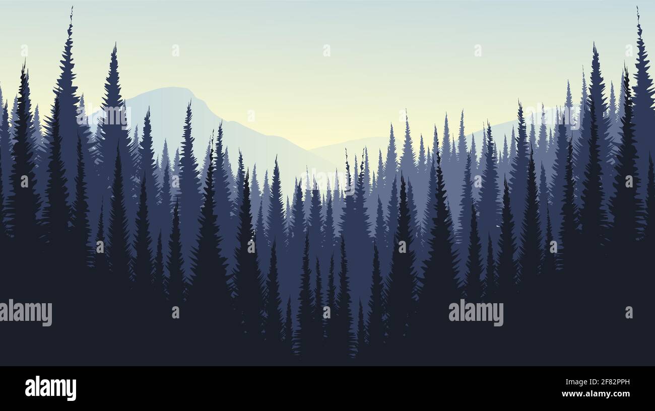 Vector Mountain landscape with Pine Forest,foggy and mist concept ...