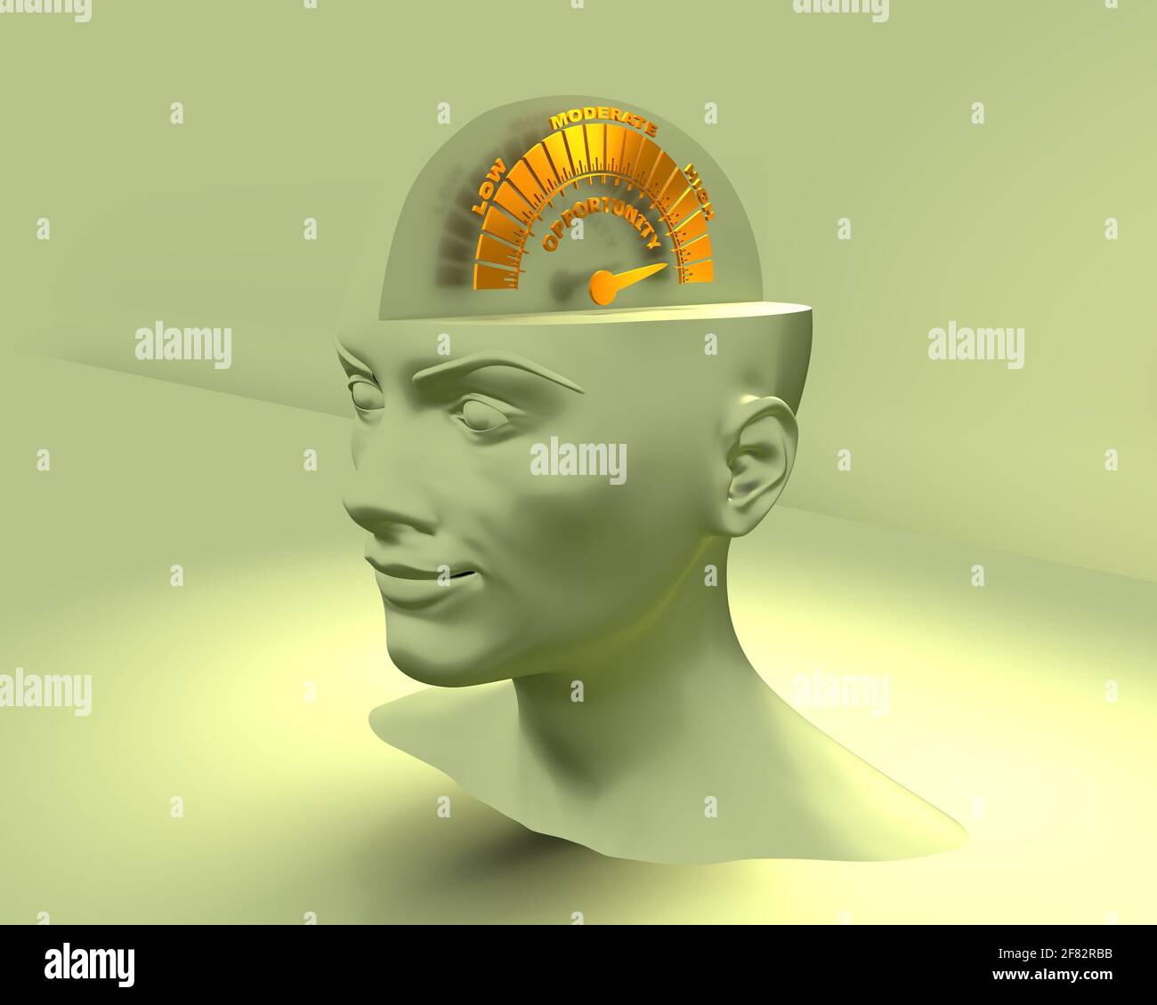 Open minded woman with opportunity level measuring device. Sign ...